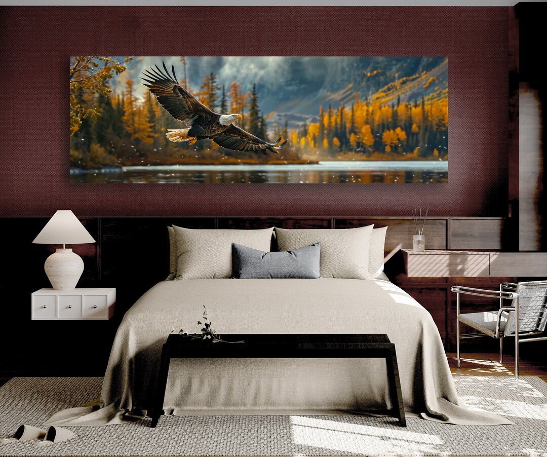 Big Bald Eagle Wall Art. American Bird Soaring Over River Against of ...