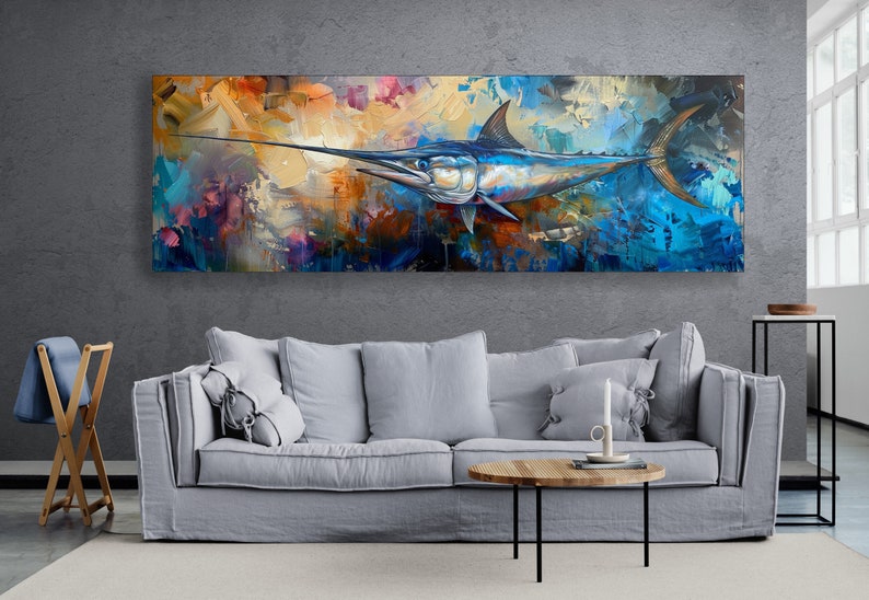 Big Blue Marlin Sea Oil Painting, Large Canvas Beautiful Colorful Fish ...