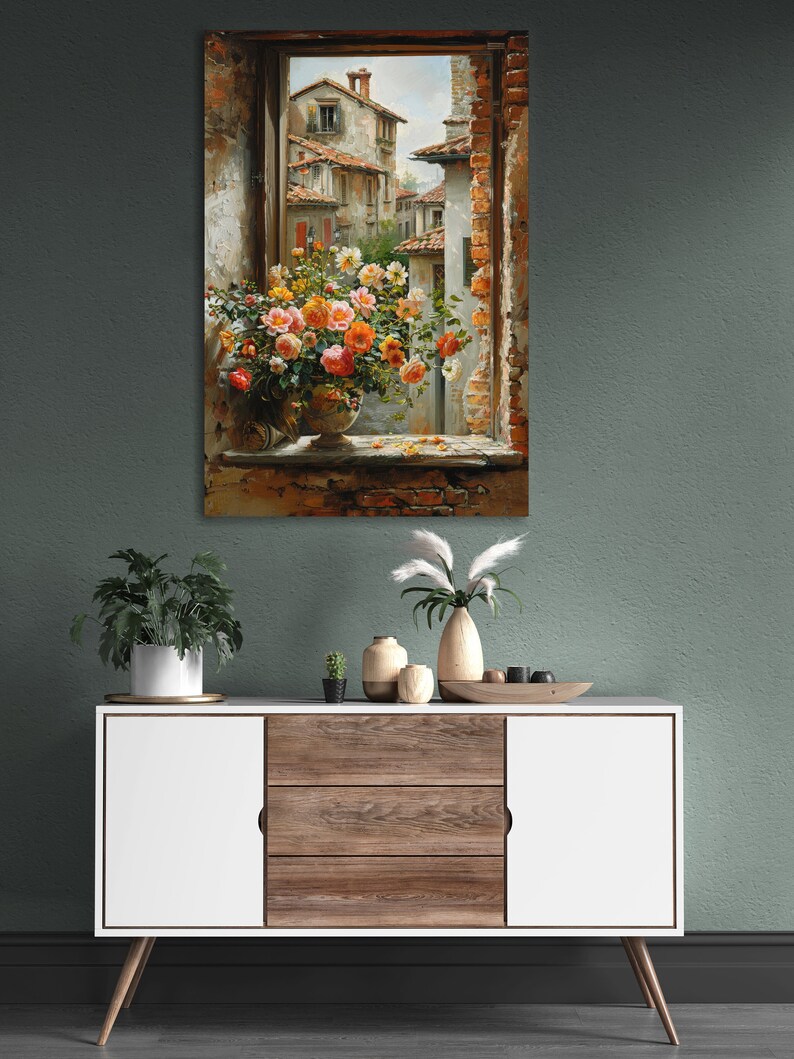 Vintage Open Window Large Canvas Print, View on Alley of Old Brick ...