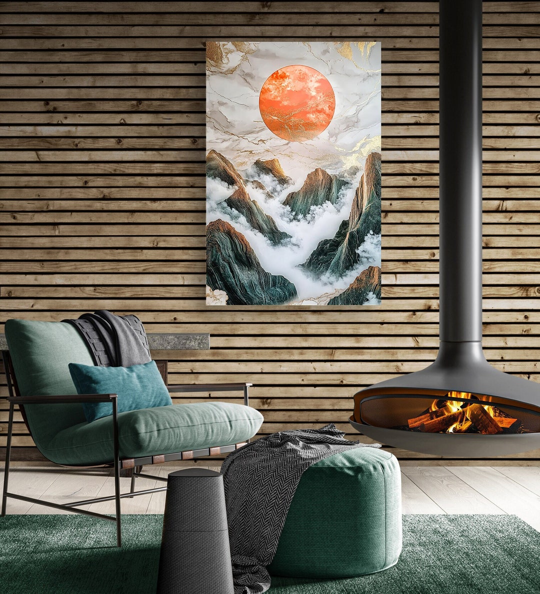Japanese Mountain Landscape With Big Orange Sun, Canvas. Abstract Green ...