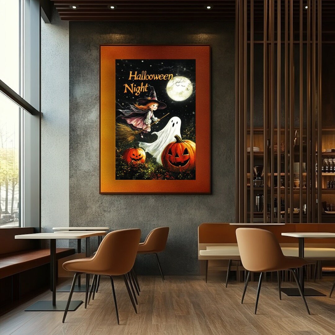 Little Red Hair Witch in Big Hat, White Ghost, Flying on Broom, Vintage ...