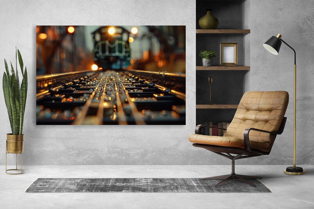 Railroad Against the Background of Train Lights, Wall Art. Train Track ...