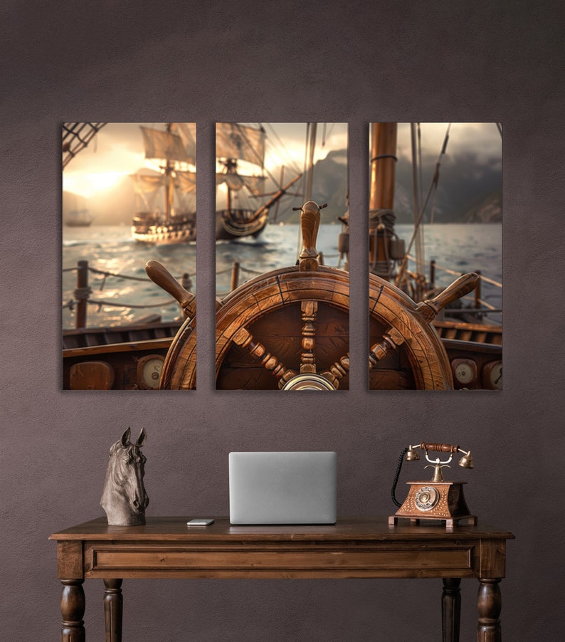 Antic Wooden Steering Wheel of Vessel. Epic Helm of Sailing Yacht, Deck ...