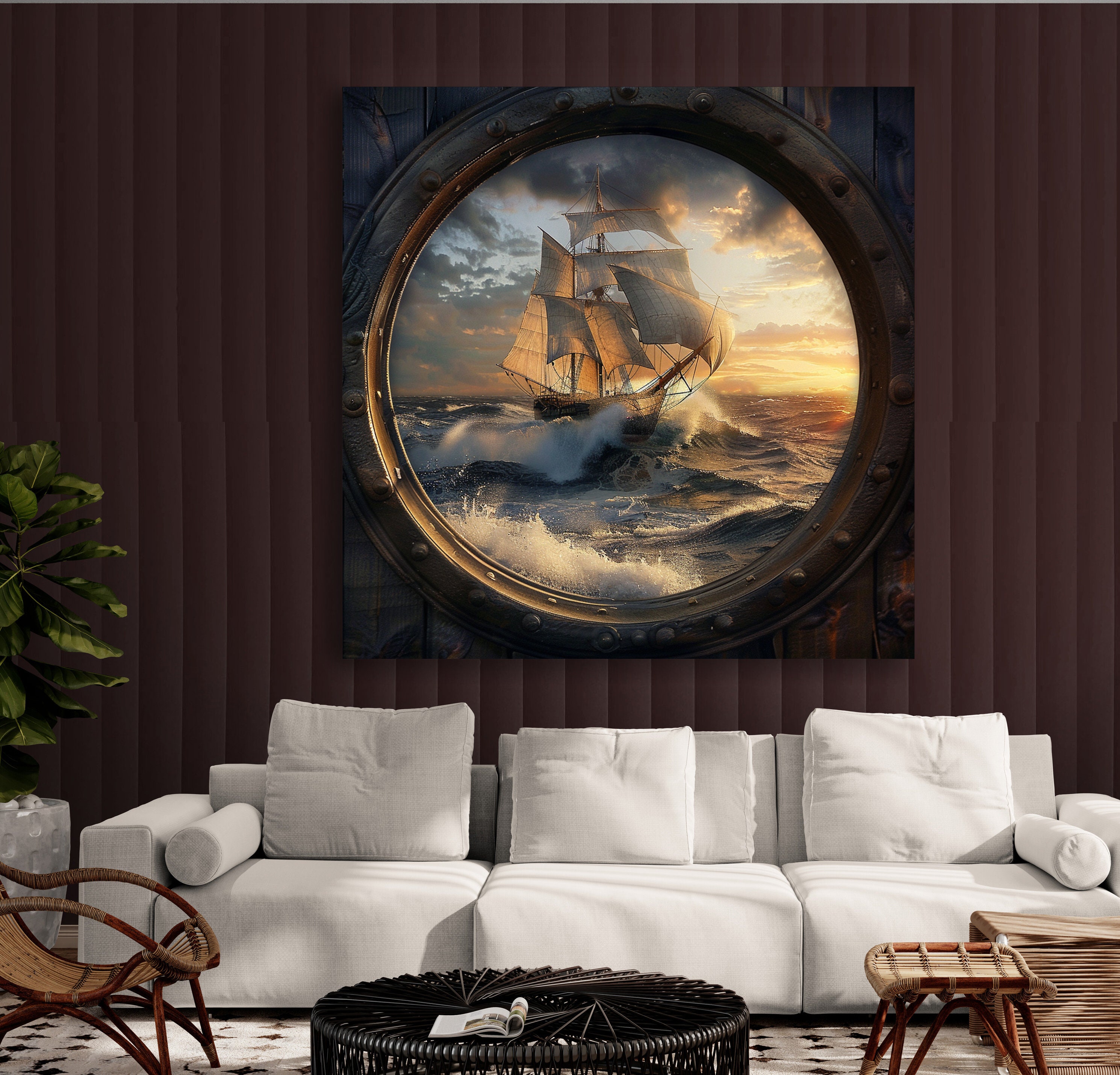 Ocean Porthole With Vintage Boat on Waves. View From Window of Ship ...