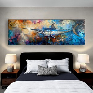 Big Blue Marlin Sea Oil Painting, Large Canvas Beautiful Colorful Fish ...