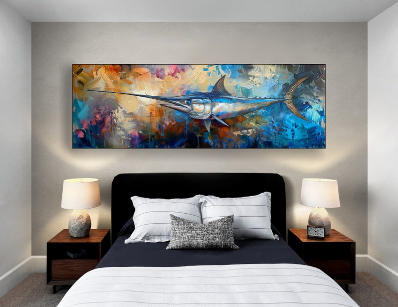 Big Blue Marlin Sea Oil Painting, Large Canvas Beautiful Colorful Fish ...