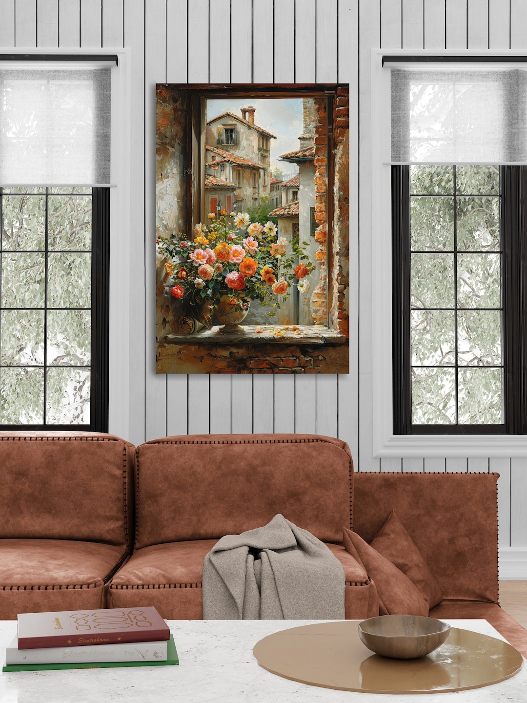 Vintage Open Window Large Canvas Print, View on Alley of Old Brick ...