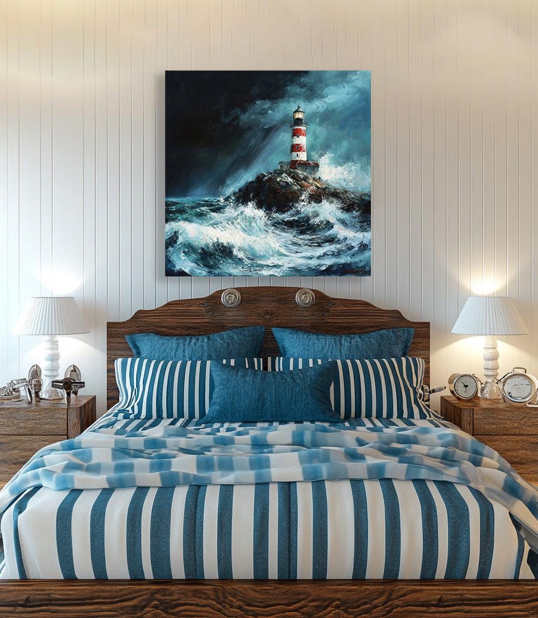 Stormy Sea With Lighthouse, Canvas Print. Storm, Gale in Ocea With ...