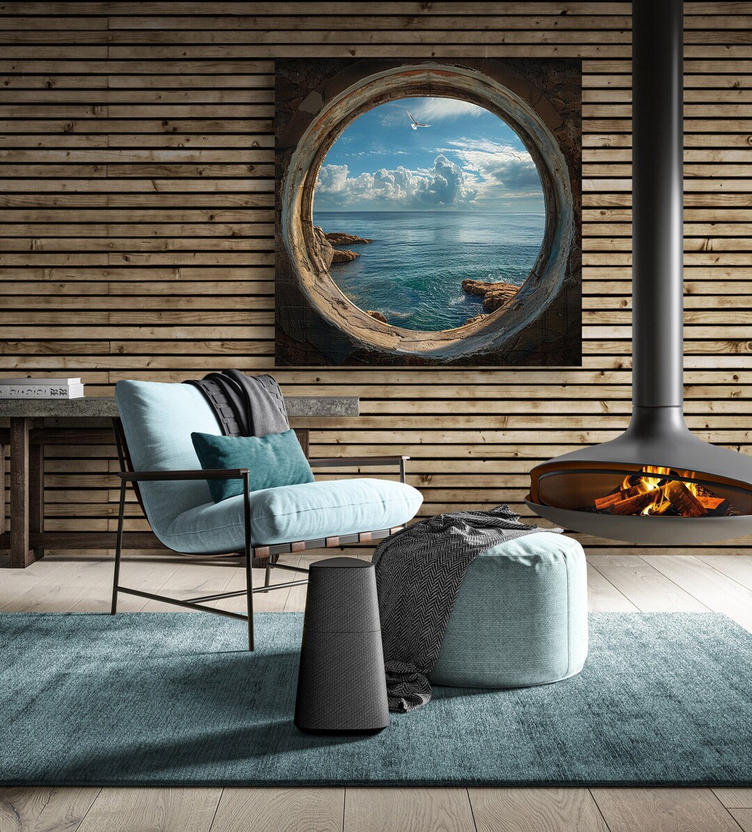 Antique Round Open Window With Ocean View, Seagull Soaring in Sky View ...