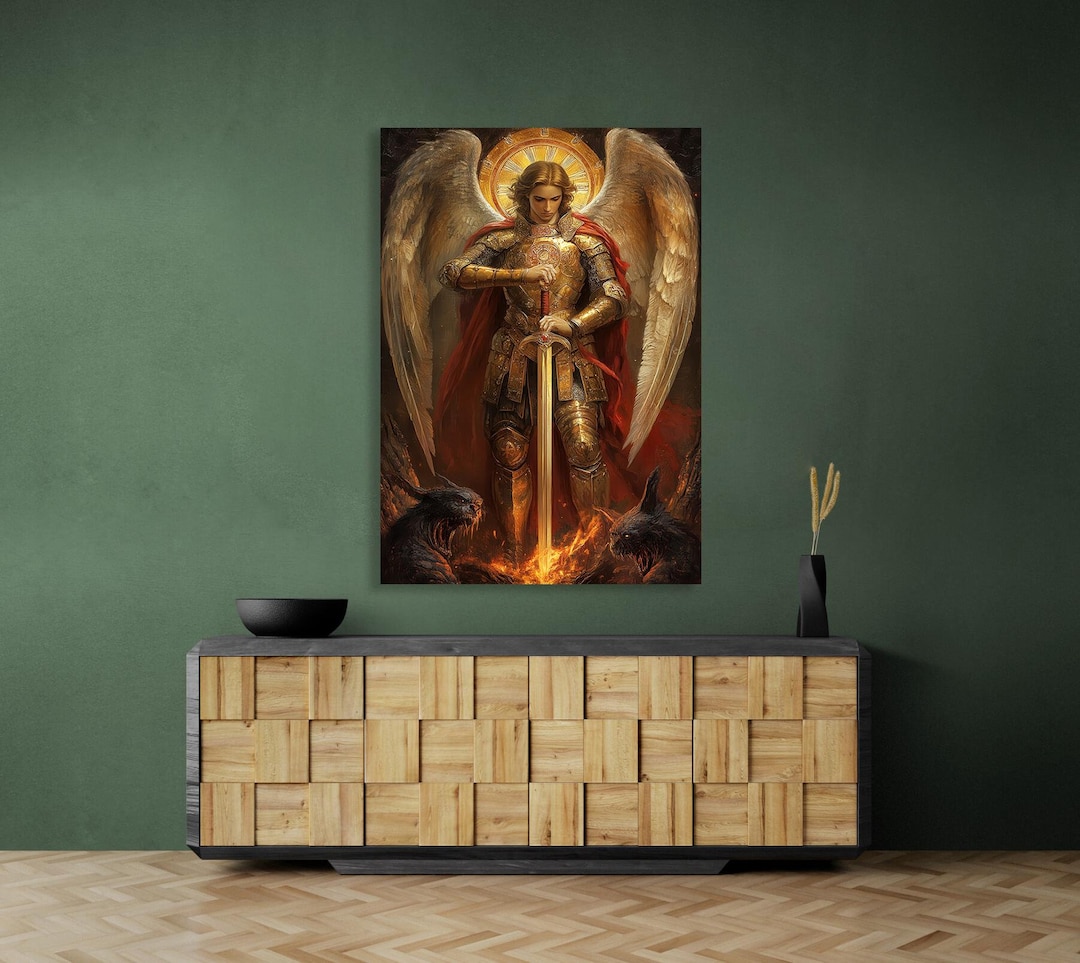Archangel Michael in Golden Armor, Sword, Painting. Head of Holy Host ...