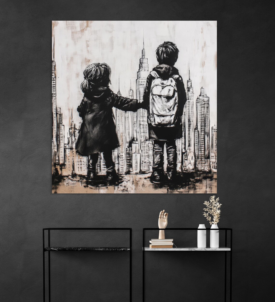 Graffiti, Banksy Style, Children Against Landscape of City, Canvas ...