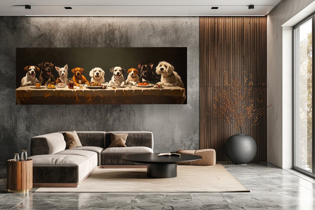 Company of Dogs Are Having Lunch at Festive Table, Canvas. Feast of ...