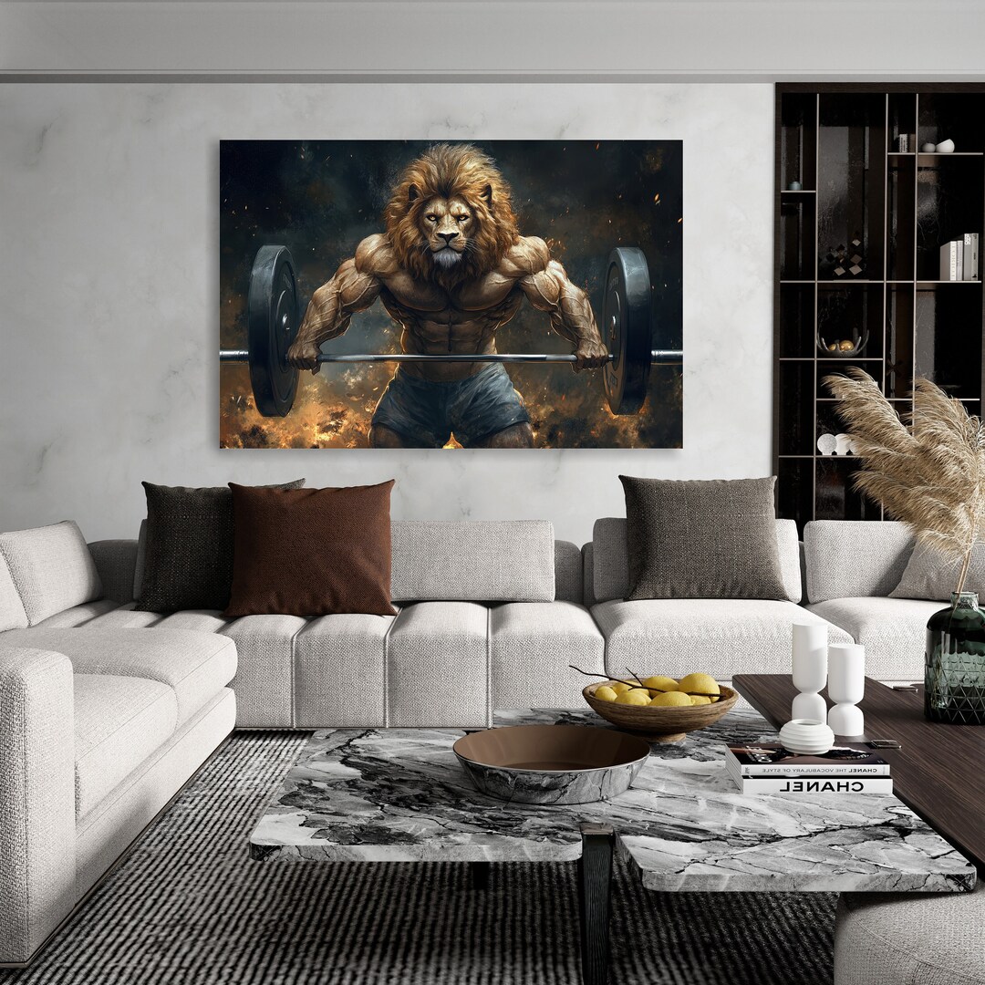 Strong Male Lion, Lifting Barbell. Athletic Muscular Leo, Training ...