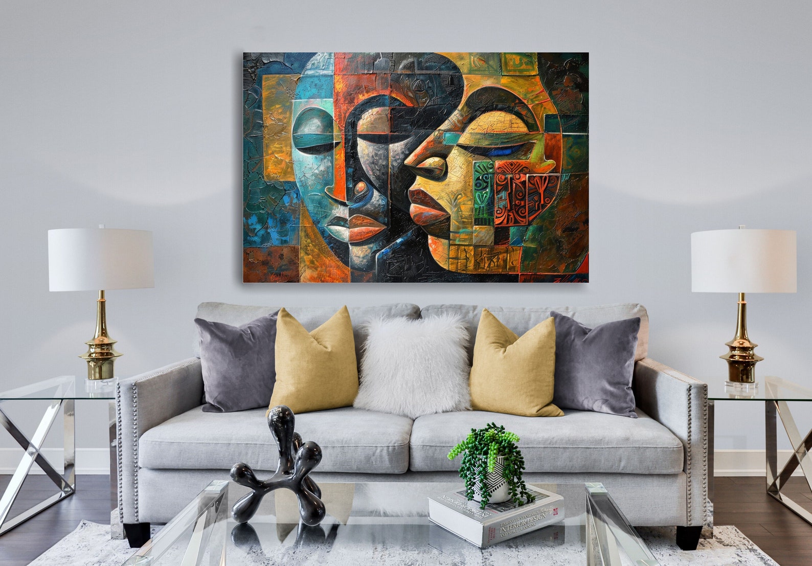 Two Peoples Portrait Art Contemporary Painting, Colorful Faces Canvas ...