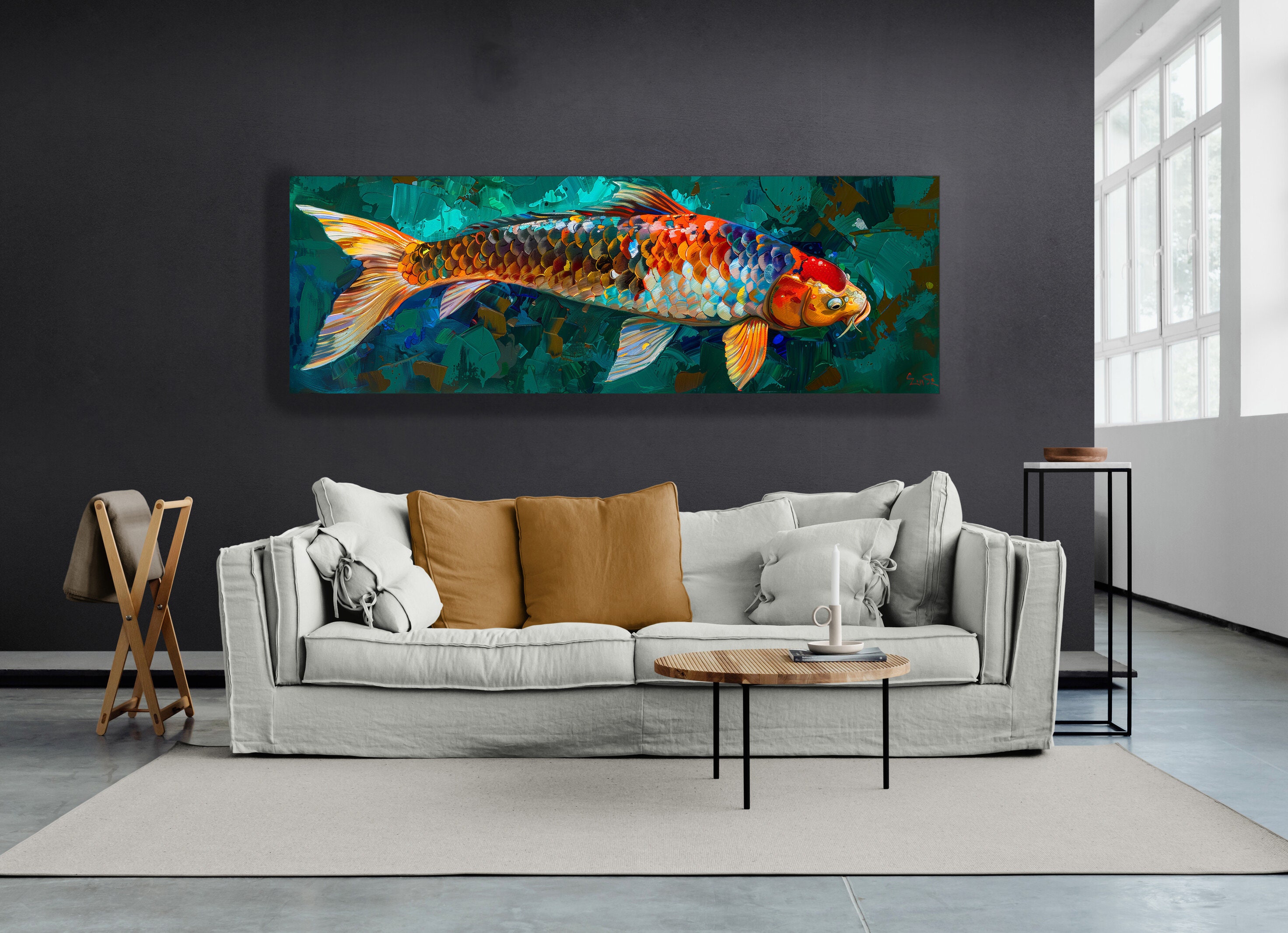 Large Canvas Painting of Big Fish, Wall Art Modern Design Colorful Carp ...