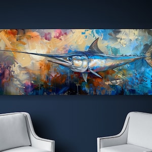 Big Blue Marlin Sea Oil Painting, Large Canvas Beautiful Colorful Fish ...