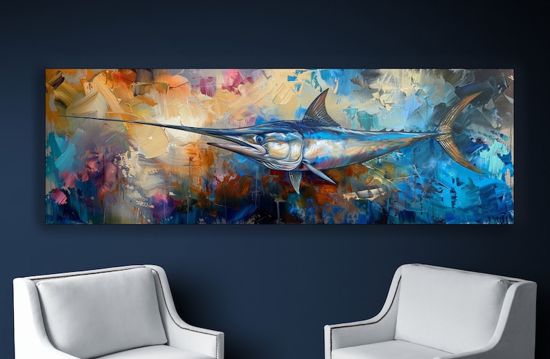 Big Blue Marlin Sea Oil Painting, Large Canvas Beautiful Colorful Fish ...