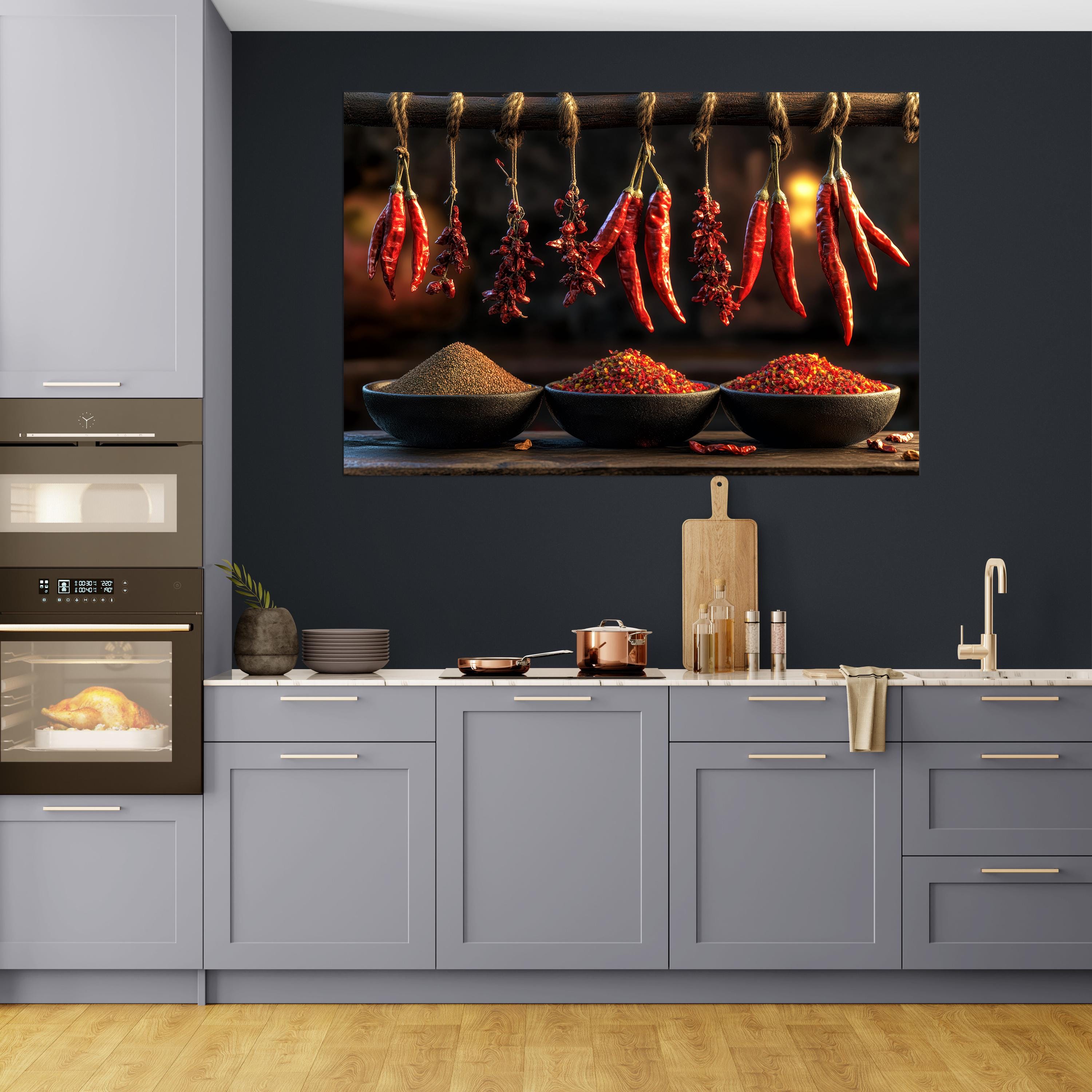 Bunches of Red Hot Peppers, Wall Art. Spices and Herbs, in Bowls at an ...