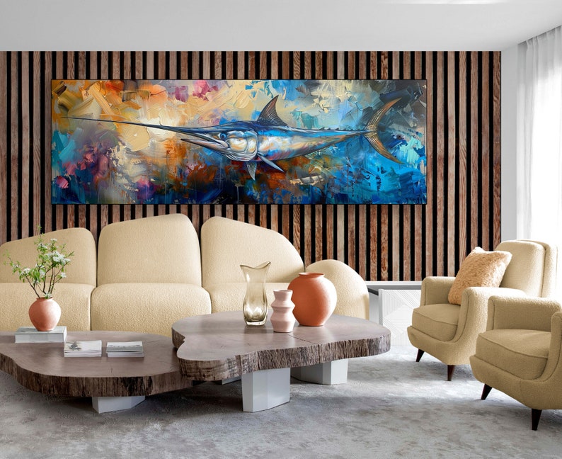 Big Blue Marlin Sea Oil Painting, Large Canvas Beautiful Colorful Fish ...