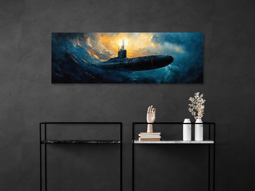 Submarine in Dark Waters of Ocean, Canvas Print. Military Boat, Wall ...