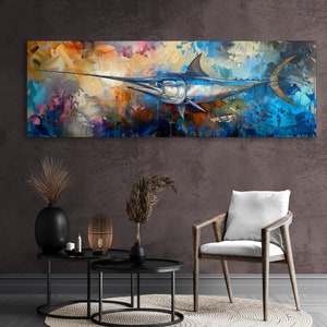 Big Blue Marlin Sea Oil Painting, Large Canvas Beautiful Colorful Fish ...