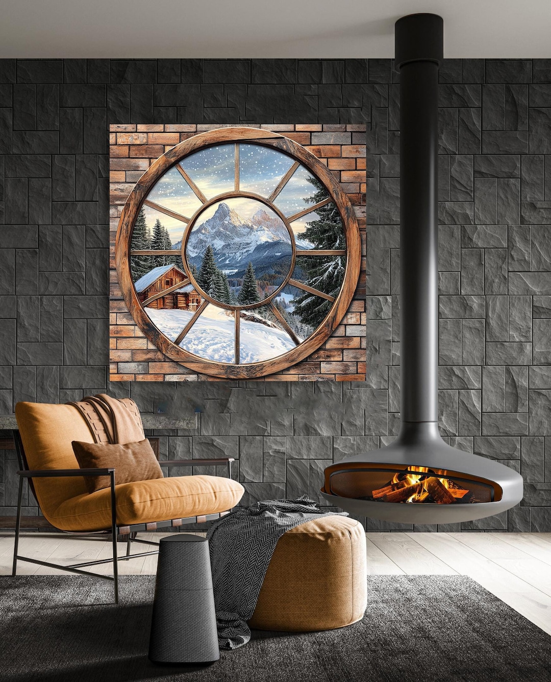 Round Wooden Window With Winter Landscape on Brick Wall in Mountain ...