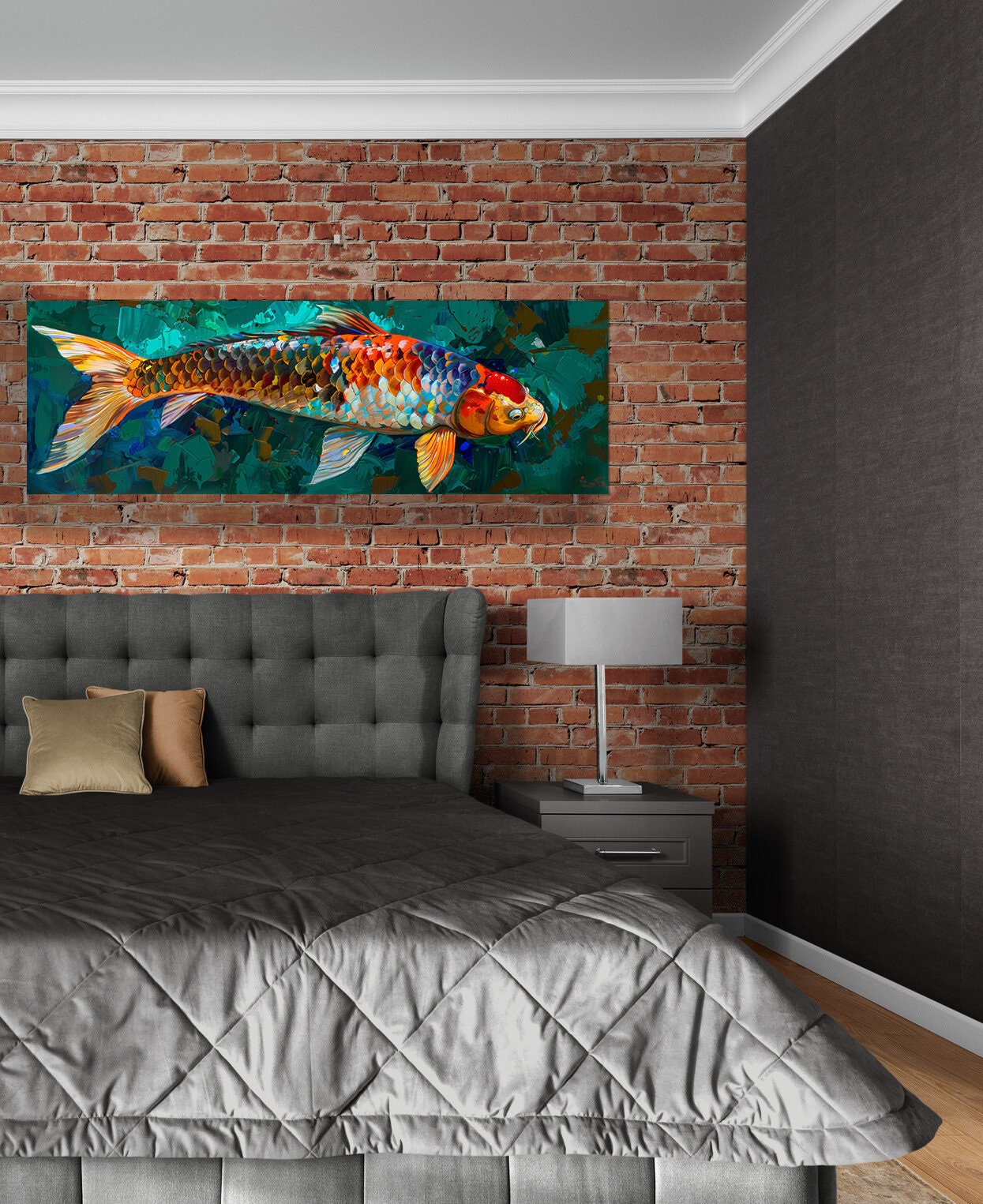 Large Canvas Painting of Big Fish, Wall Art Modern Design Colorful Carp ...