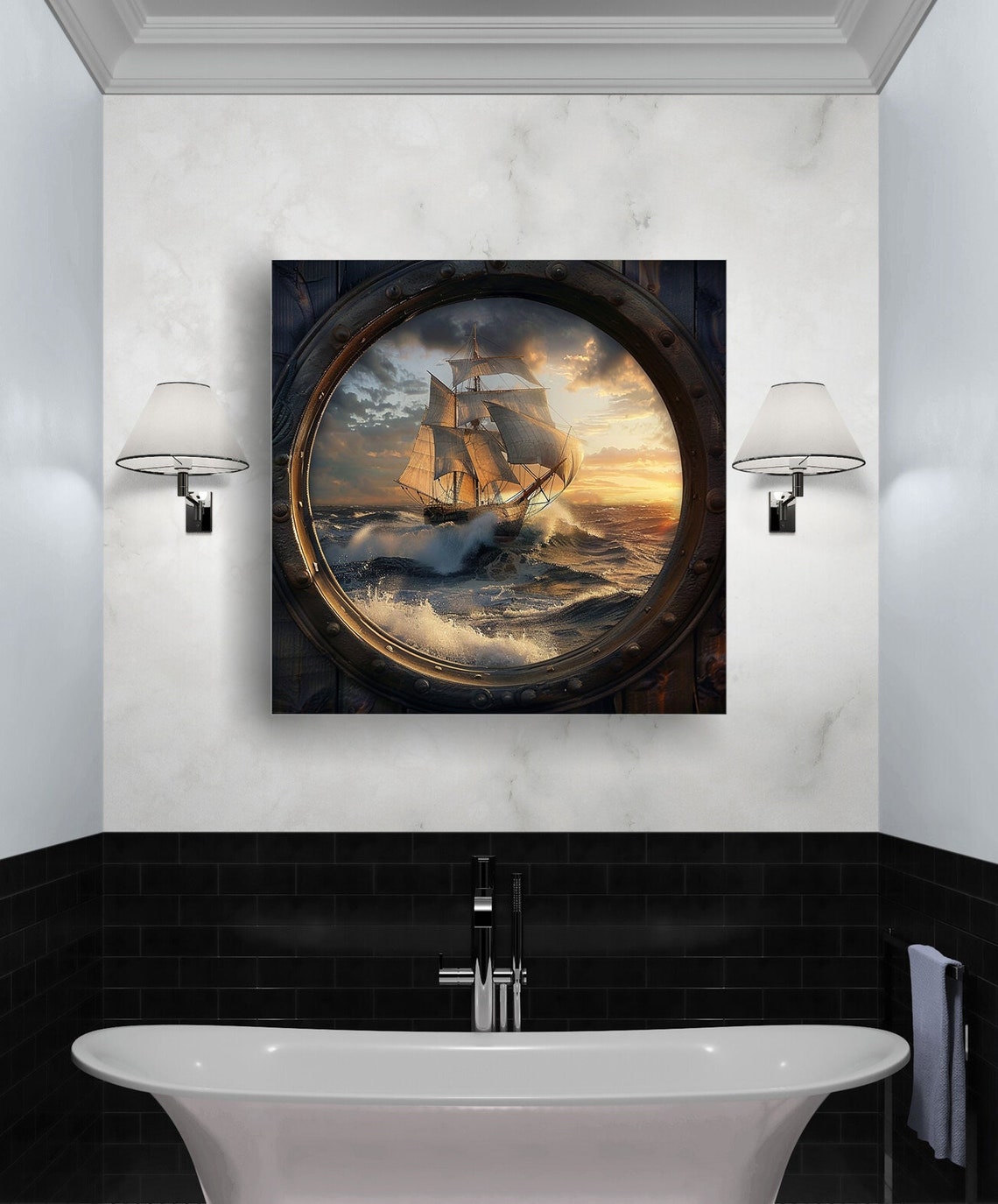 Ocean Porthole With Vintage Boat on Waves. View From Window of Ship ...