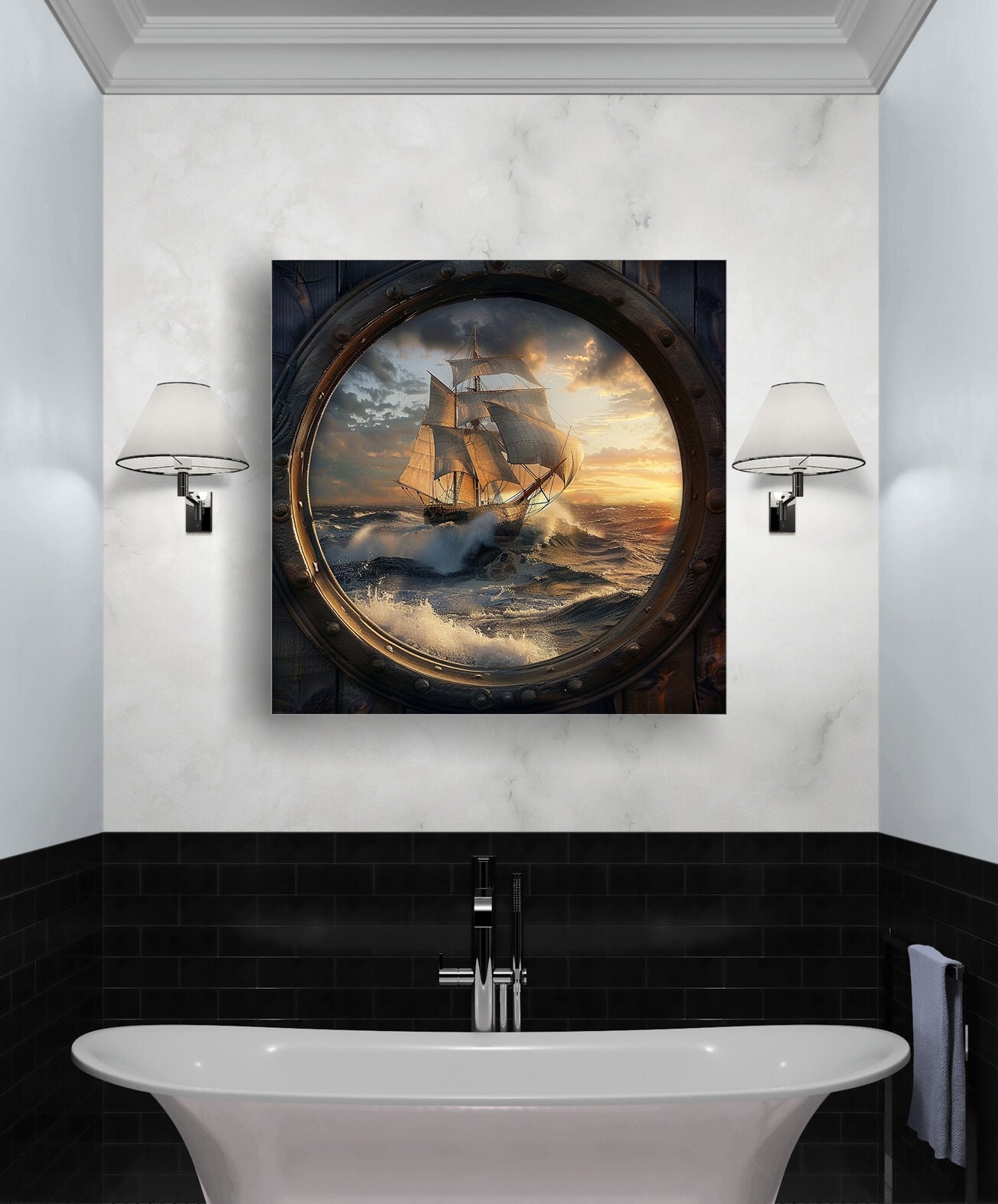 Ocean Porthole With Vintage Boat on Waves. View From Window of Ship ...