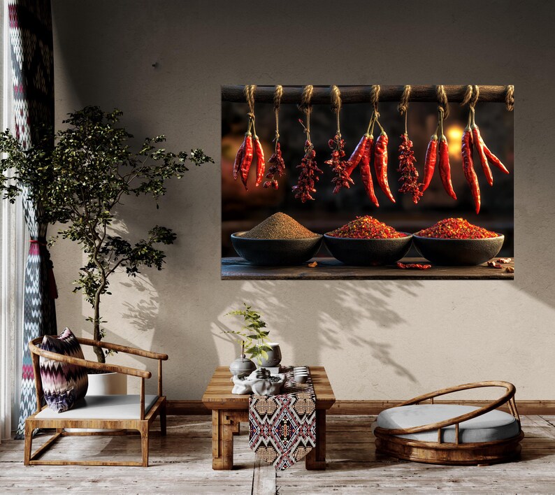 Bunches of Red Hot Peppers, Wall Art. Spices and Herbs, in Bowls at an ...