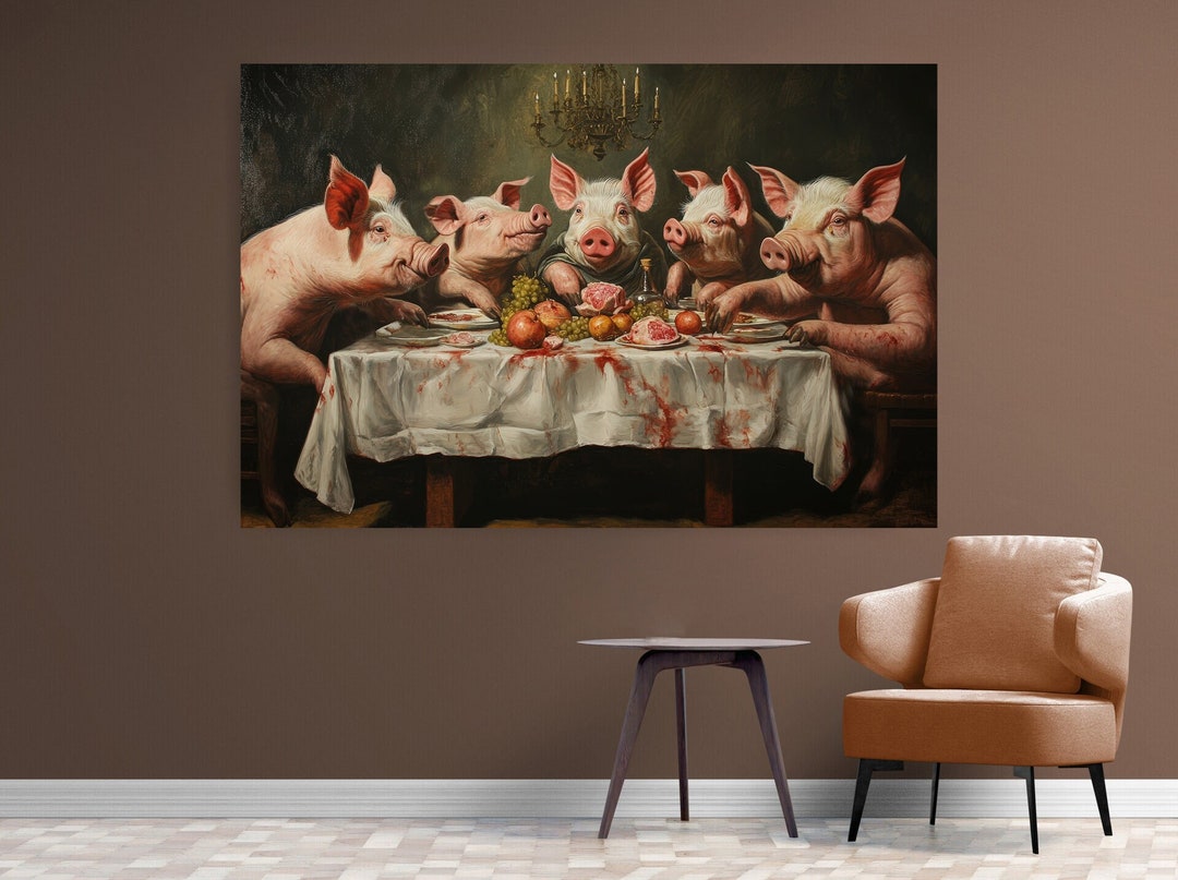 A Company of Pigs Are Having Lunch at a Festive Tabl, Canvas Print ...