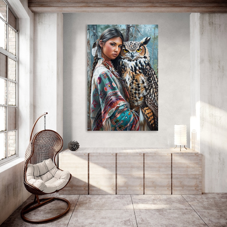 Native American Indian Woman With Big Owl, Canvas Print. Portrait of ...