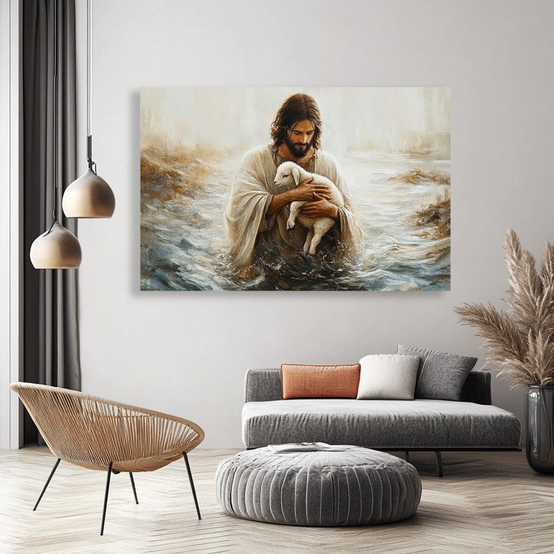 Jesus Rescues Lost Sheep From Water. Jesus Holding Lamb, Canvas Print ...