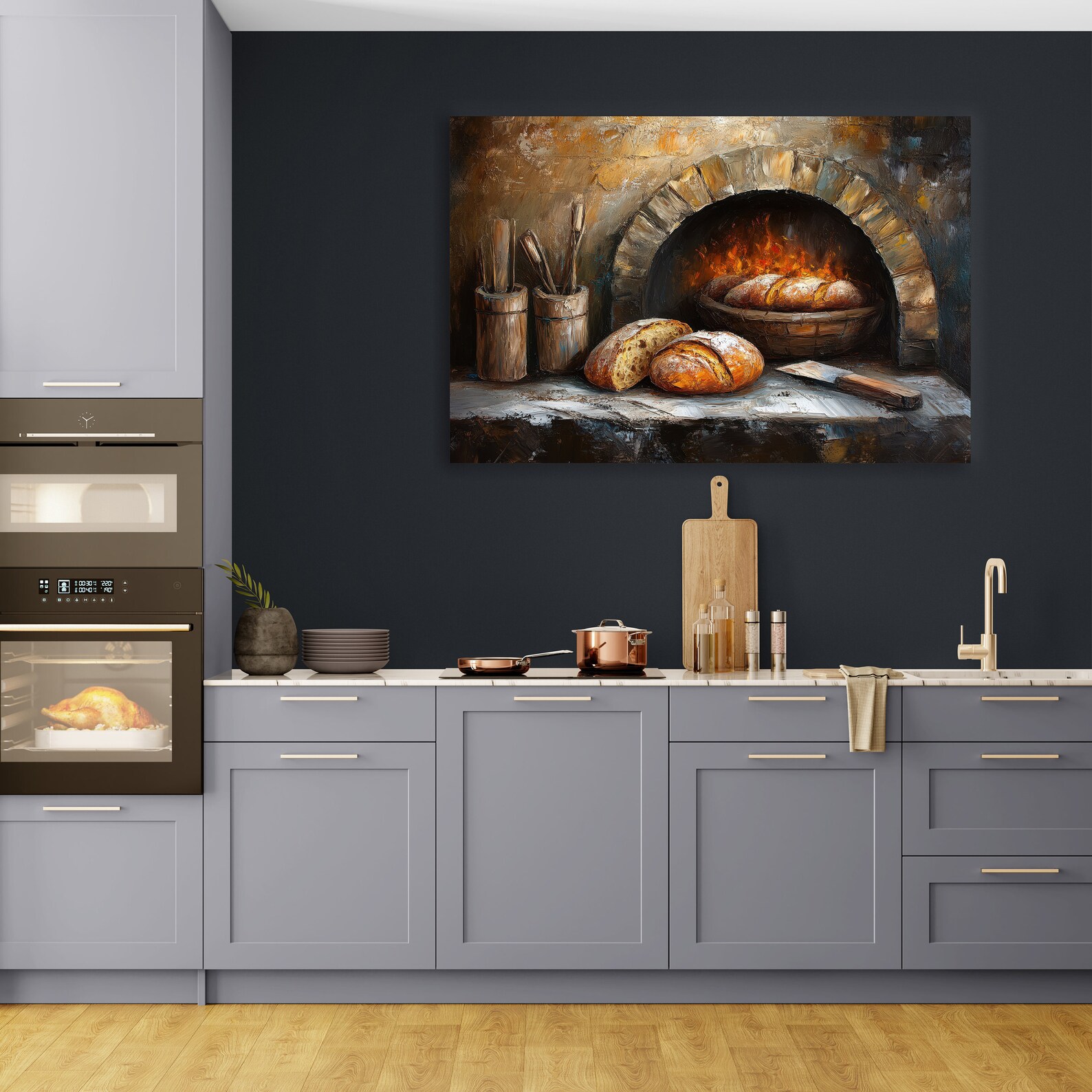 Hot Baked Bread Against Backdrop of an Old Village Oven, Oil Painting ...