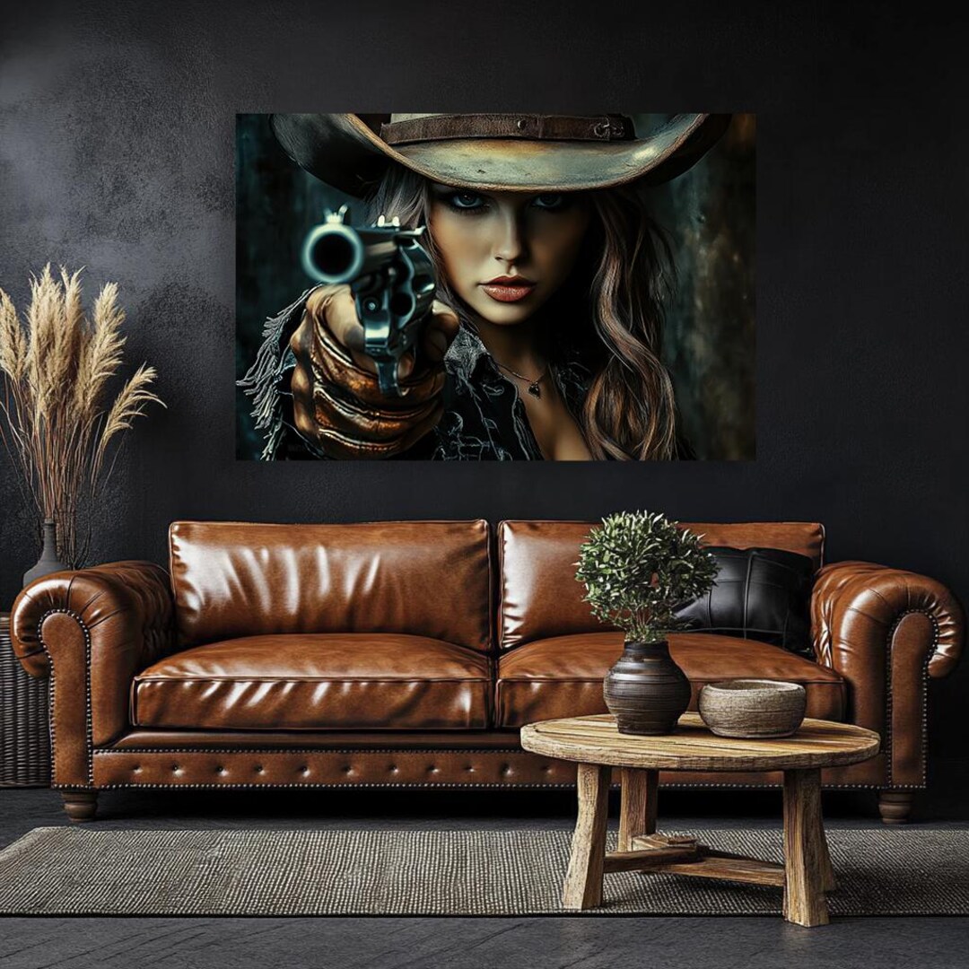Texas Brunette Woman With Gun, Wall Art. Mysterious Cowgirl, Canvas ...