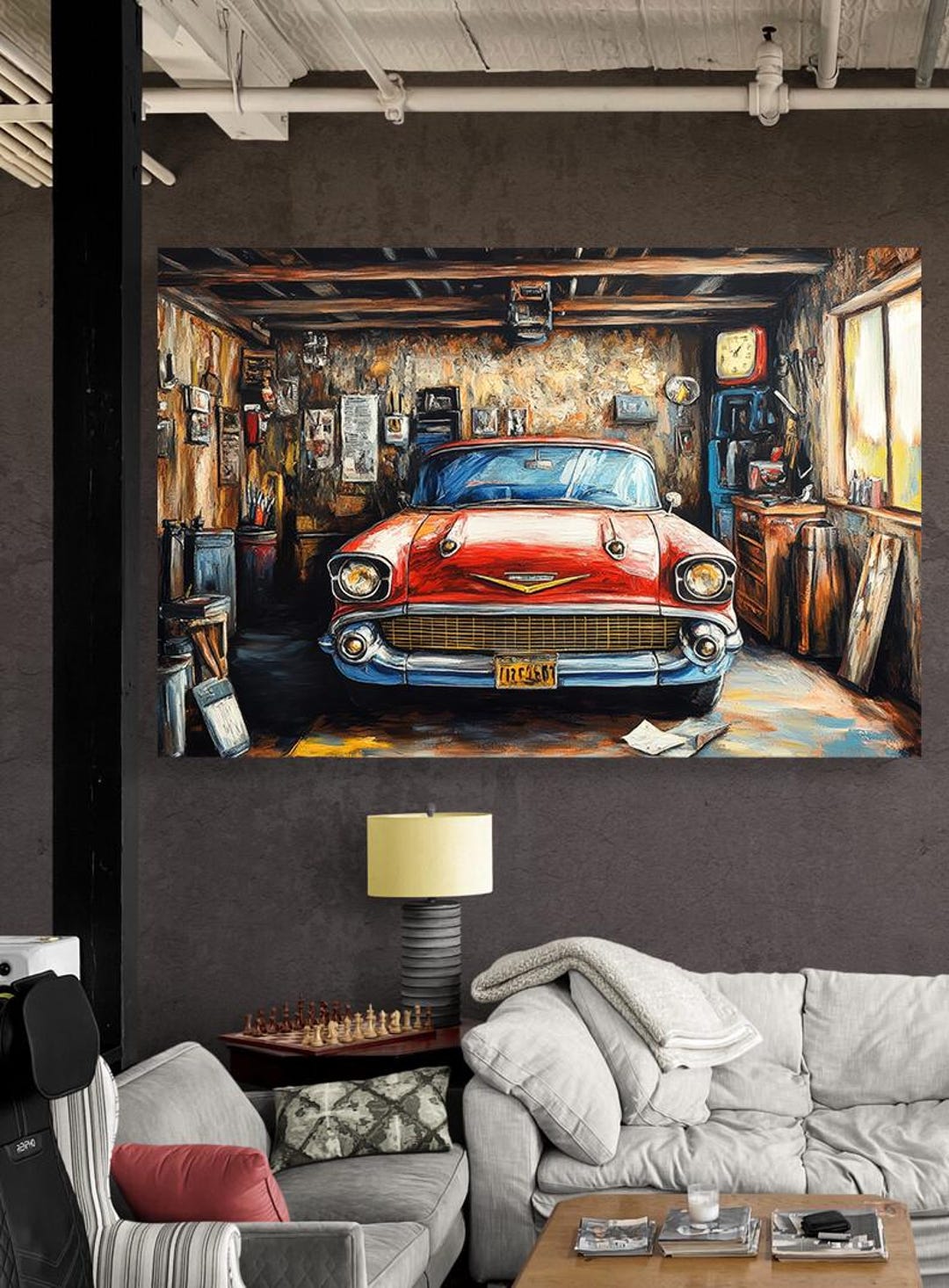 Vintage Red Car Wall Art – Rustic Garage Painting for Retro, Industrial ...