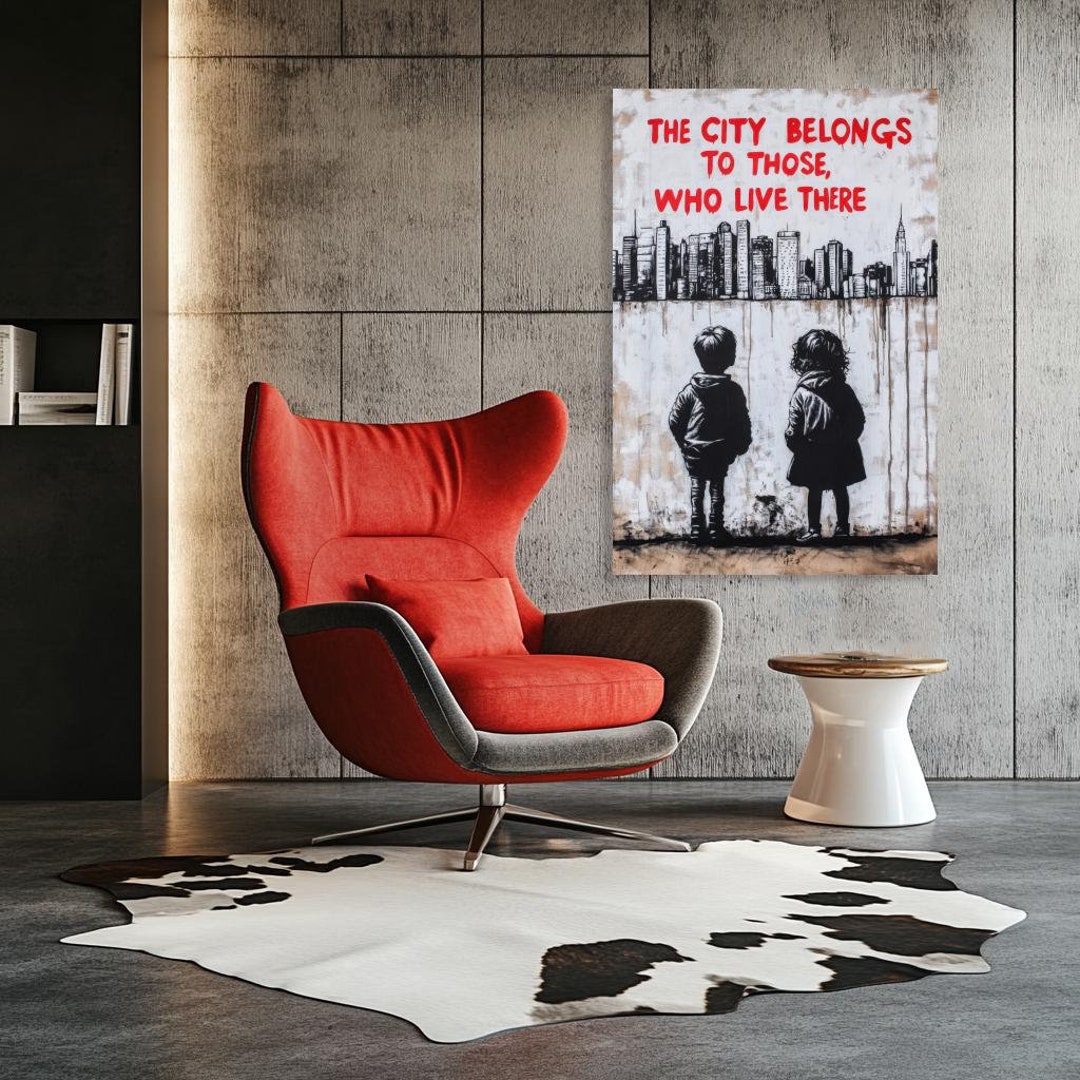 Graffiti With Children Against the City, Canvas Print in Banksy Style ...