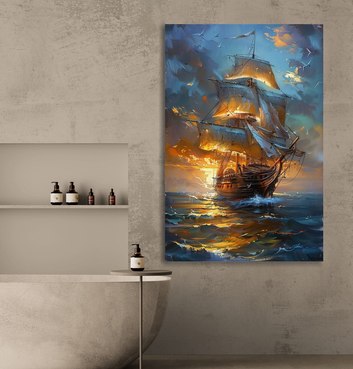Antique Sailing Boat on Sunset Oil Painting on Canvas | Seaview With ...