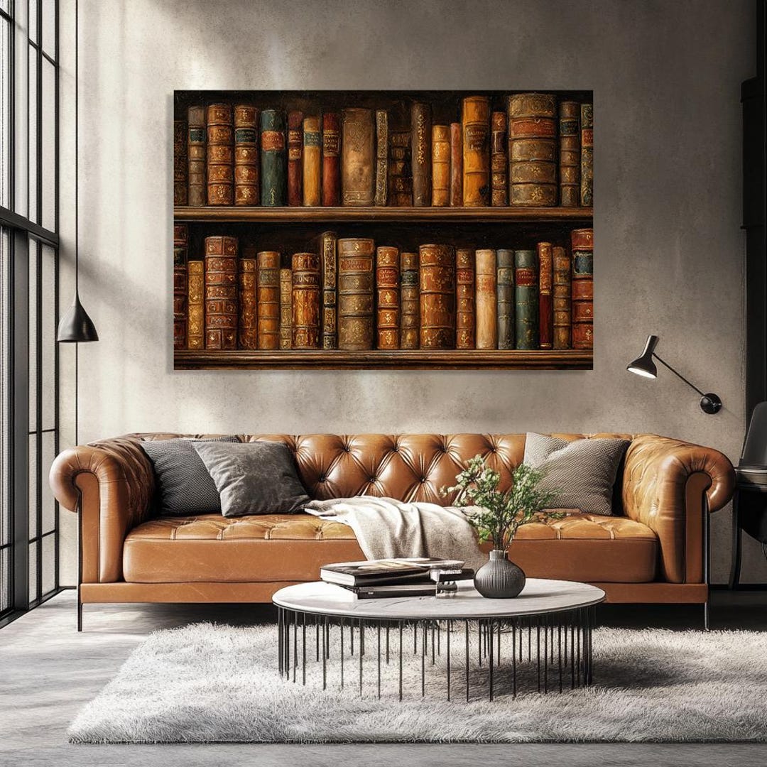 Vintage Bookshelf Wall Art – Antique Books Canvas Print, Rustic Library ...
