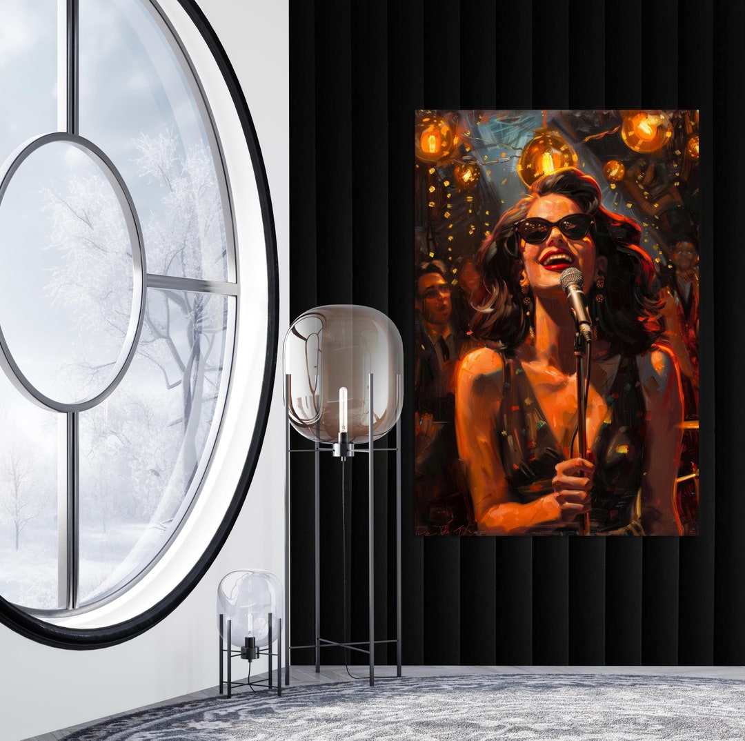 Jazz Singer in Night Club, Canvas Print. Сaucasian Woman Holds ...