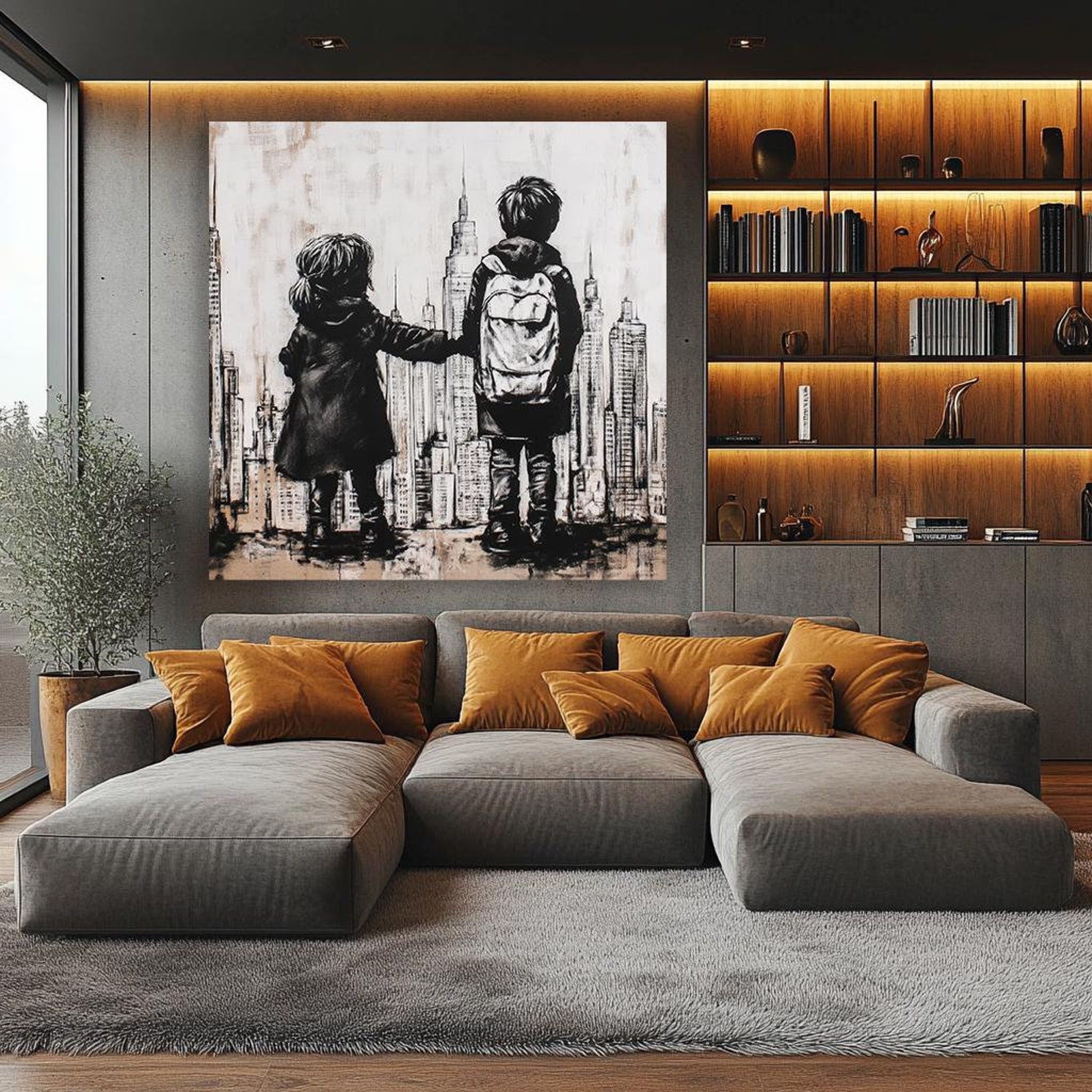 Graffiti, Banksy Style, Children Against Landscape of City, Canvas ...