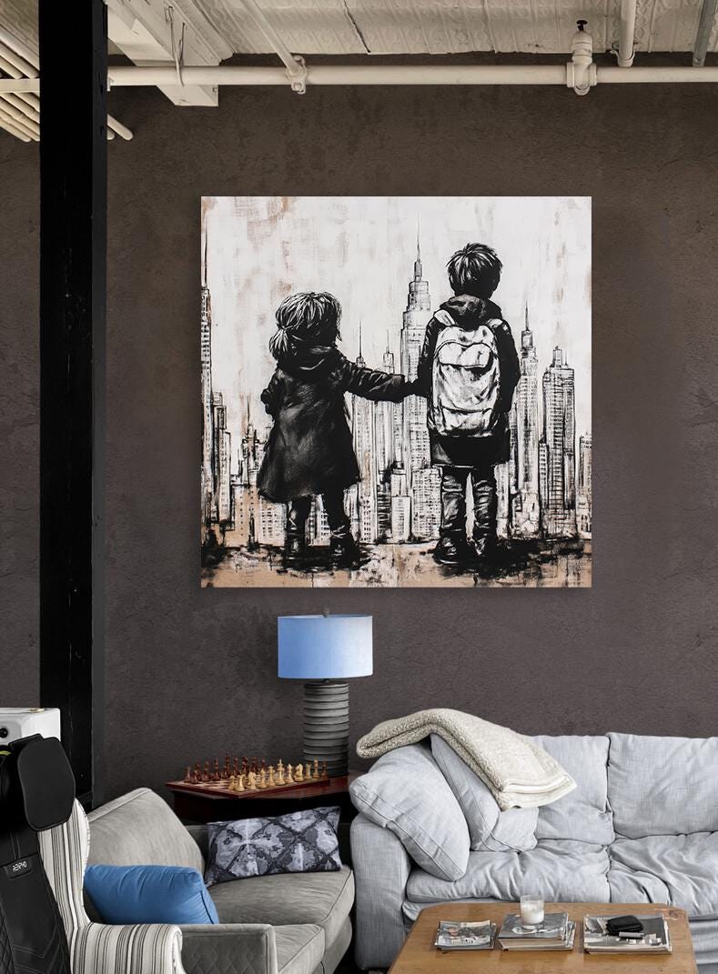 Graffiti, Banksy Style, Children Against Landscape of City, Canvas ...