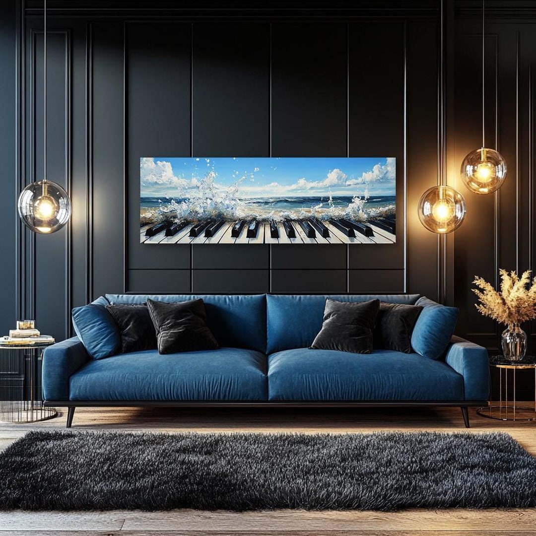 Blue Ocean Waves Crashing Against Keys of Musical Instrument, Piano ...