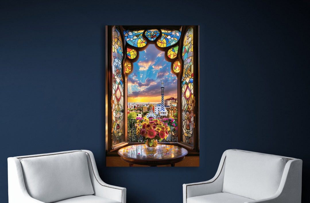 Vintage Stained Glass Open Window in Baocelone Large Canvas Print ...