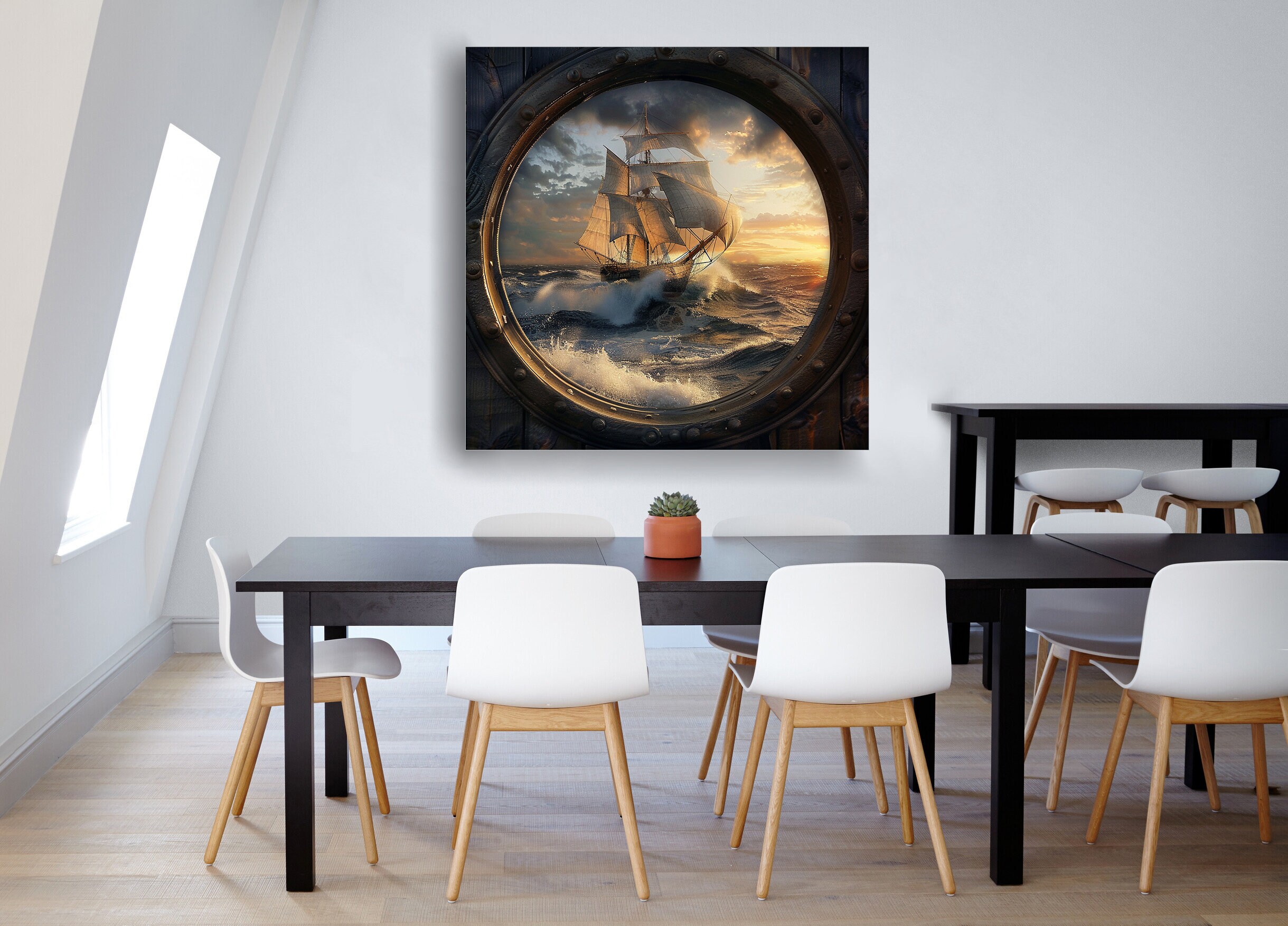 Ocean Porthole With Vintage Boat on Waves. View From Window of Ship ...