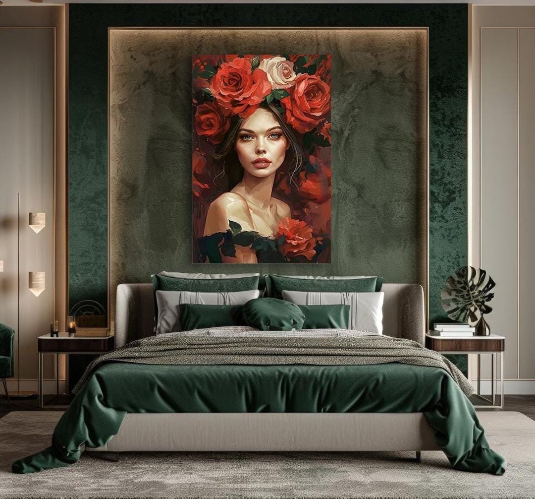 Brunette Woman With Red Big Flowers on Head, Canvas Print. Lady Adorned ...