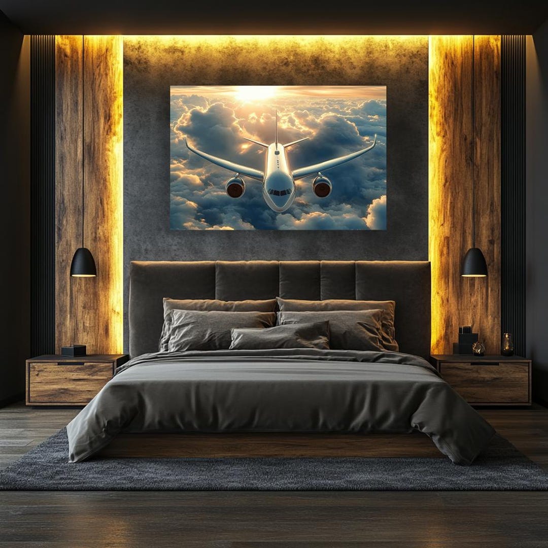 Plane Flying in Evneeng Sky, Canvas Print. White Airliner With Large ...