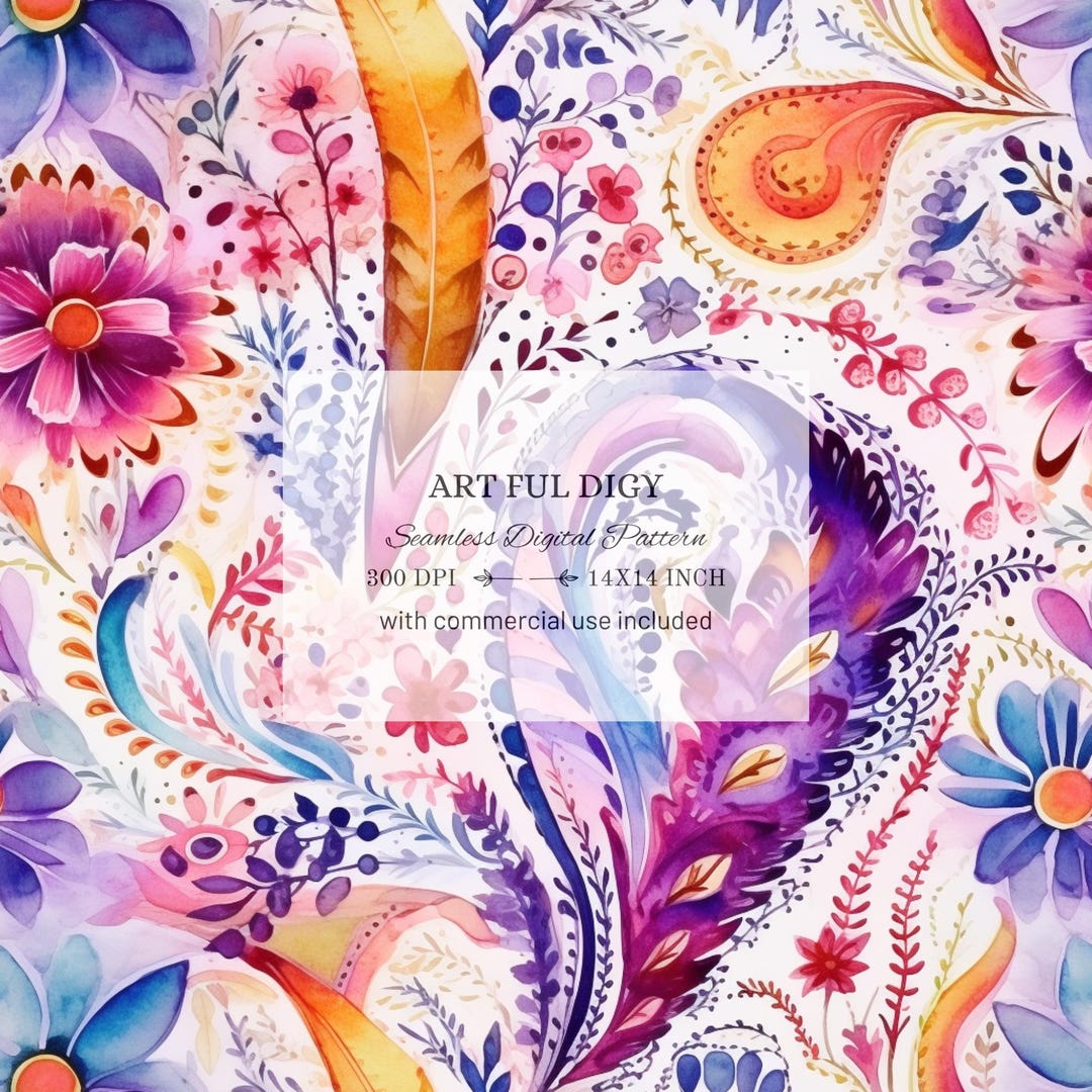 Watercolor Boho Paisley Pattern With Vibrant Flowers and Ornamental ...