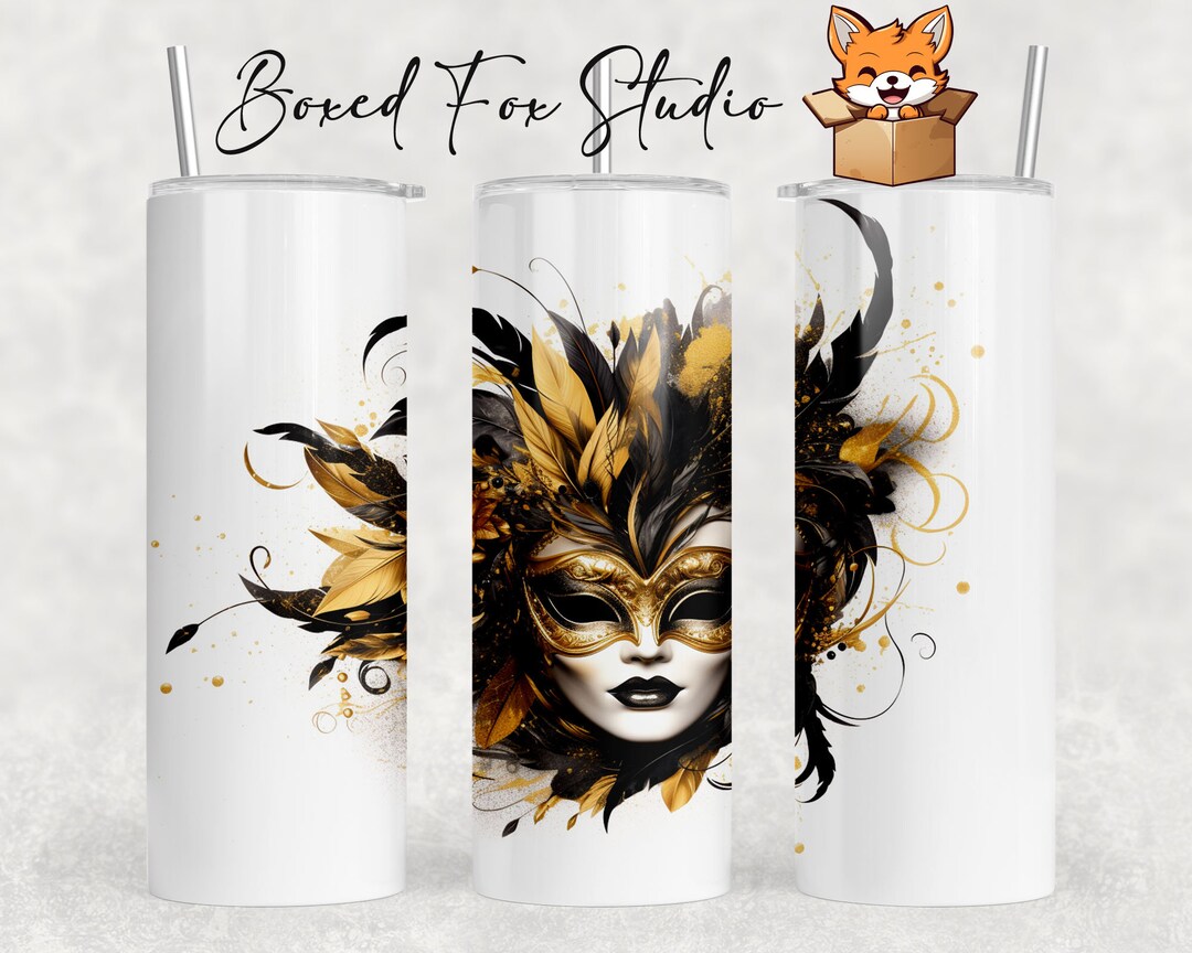 Mardi Gras Mask 20oz Tumbler Wrap, Black and Gold Design (PNG Digital ...