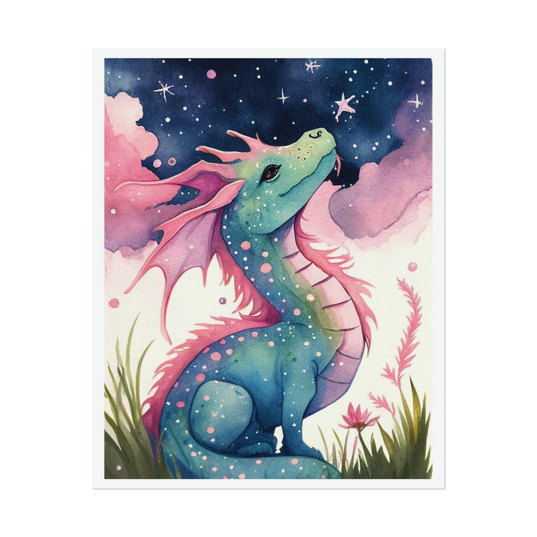 Fairytale Dragon Fantasy Watercolor Poster for Nursery in Pink and Blue ...